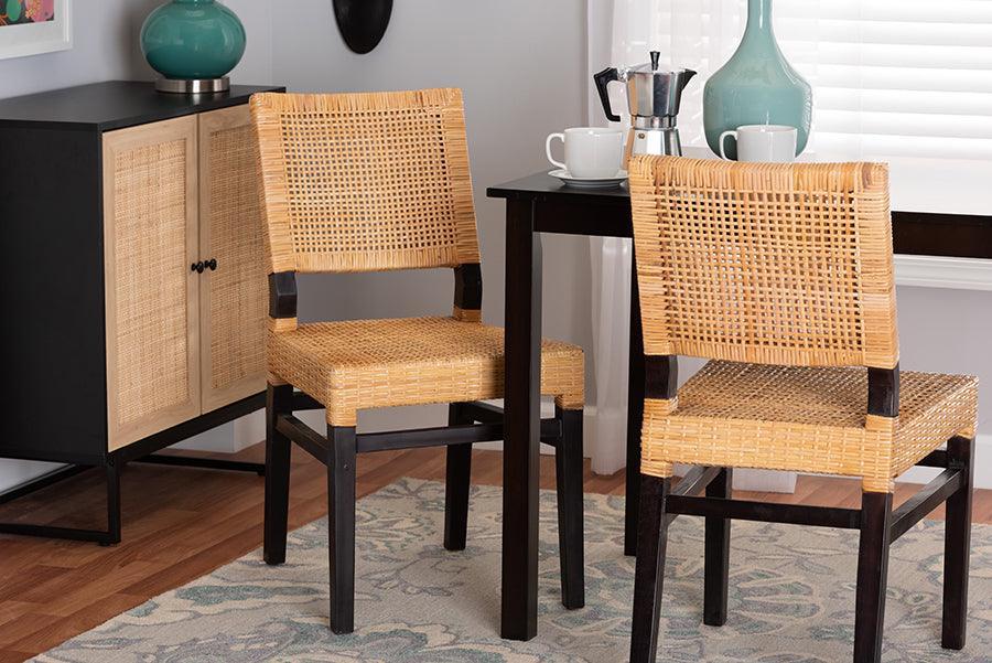 Lesia Modern Bohemian Natural Brown Rattan and Espresso Brown Mahogany Wood Dining Chair | FredCo