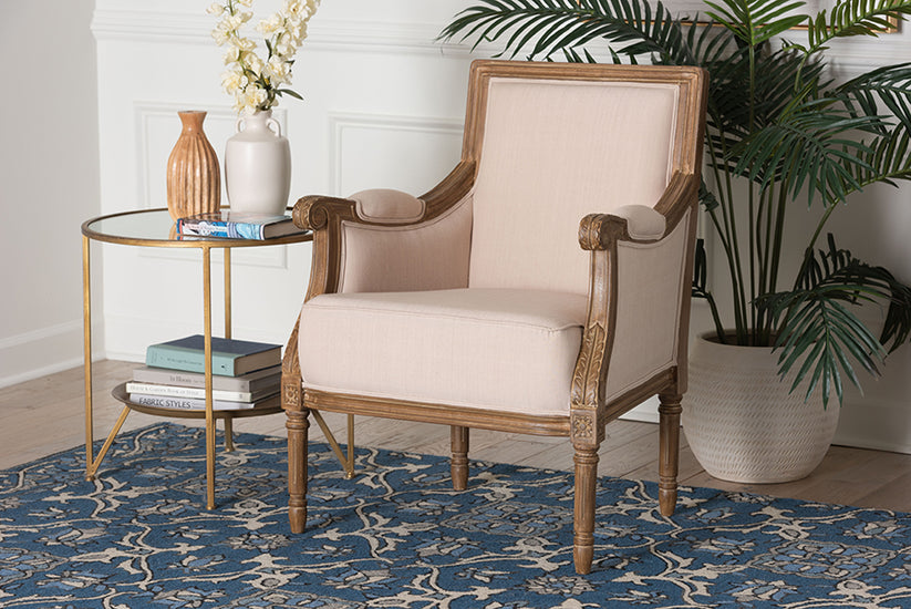 Chavanon Wood & Light Beige Linen Traditional French Accent Chair