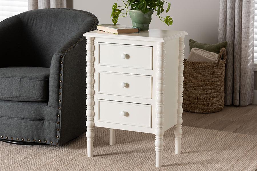 Baxton Studio Malinda Classic White Wood 3-Drawer End Table with Spind