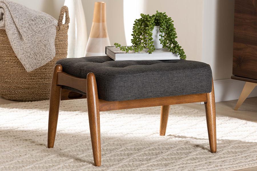 Jeanine Japandi Dark Grey Fabric and Walnut Brown Finished Wood Ottoma
