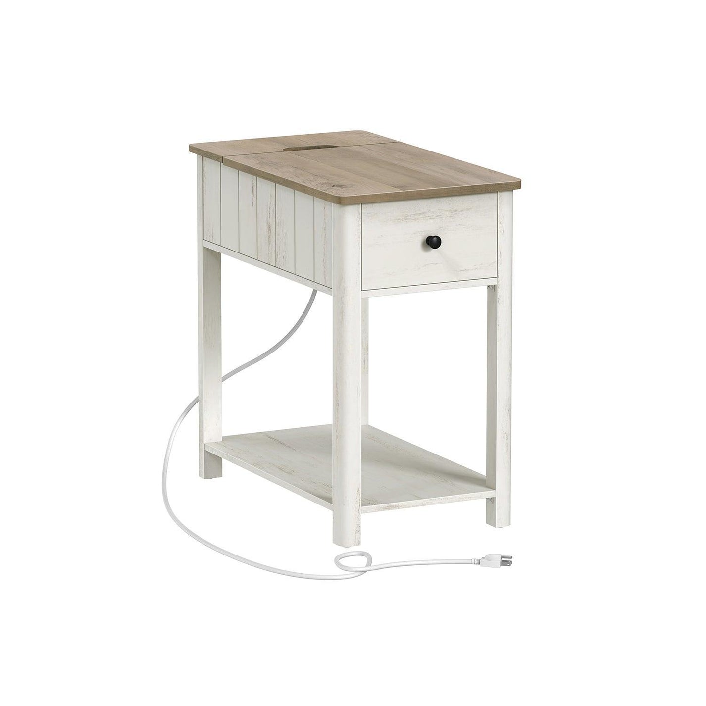Side Table with Charging Station Vintage White and Heather Greige | FredCo