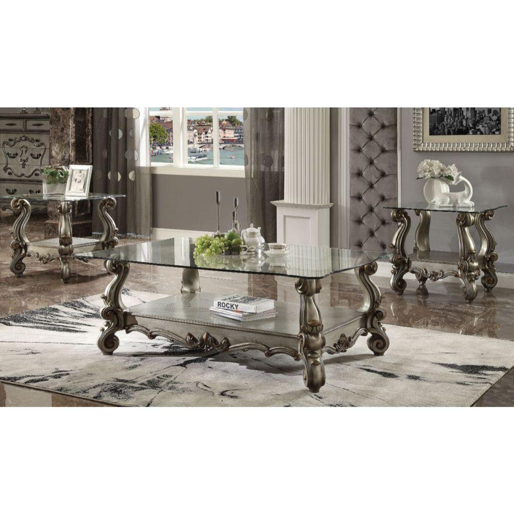 ACME Versailles End Table, Antique Platinum & Clear Glass | FredCo
