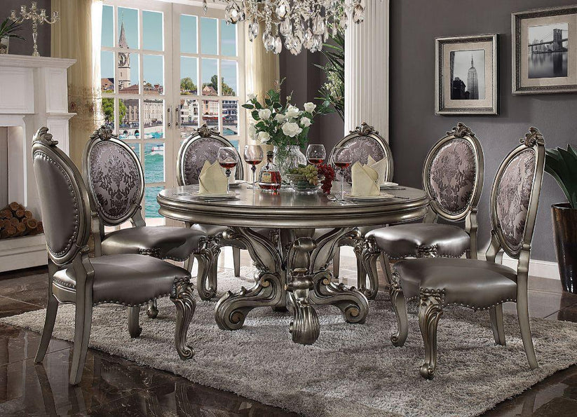 ACME Versailles Round Dining Table w/Single Pedestal, Antique Platinum