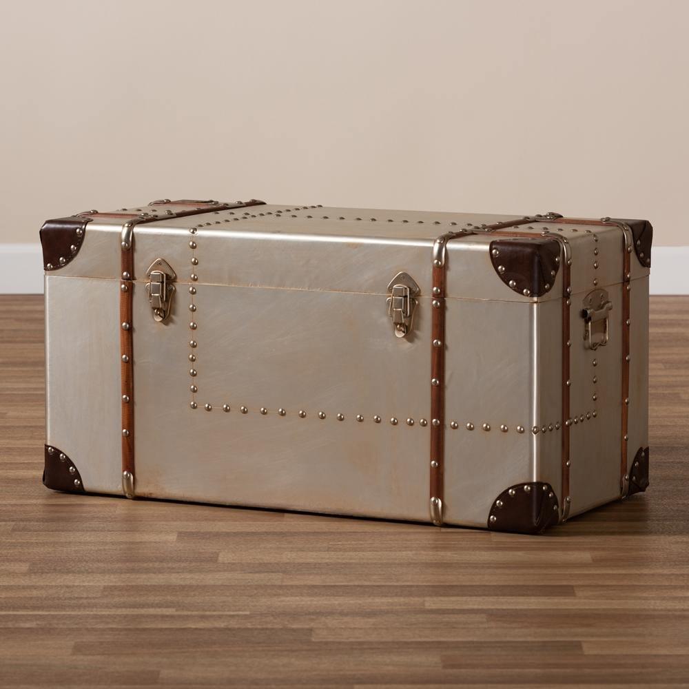 Bechet French Industrial Silver Metal Storage Trunk