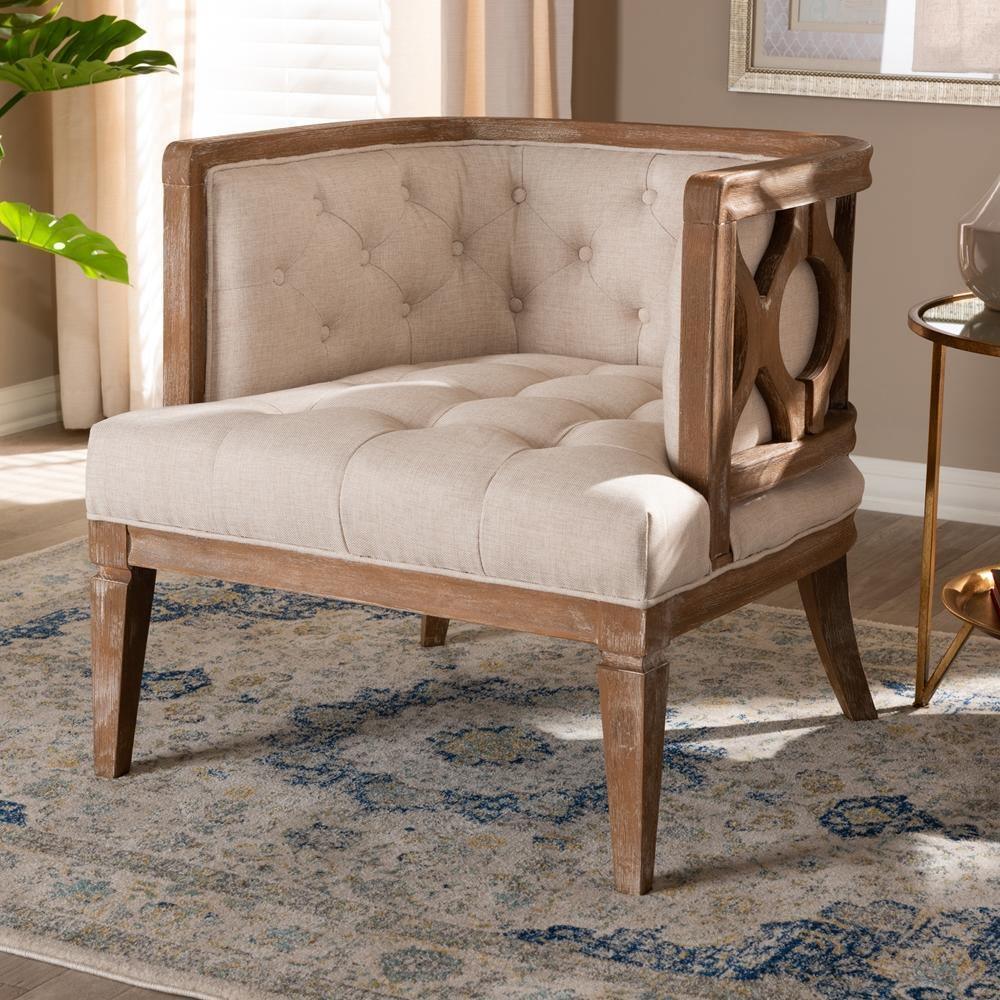 Esme French Provincial Beige Linen Fabric Upholstered and White-Washed ...