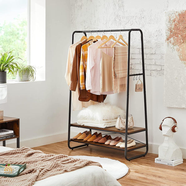 Industrial Brown & Black Clothes Rack with Shelves | FredCo