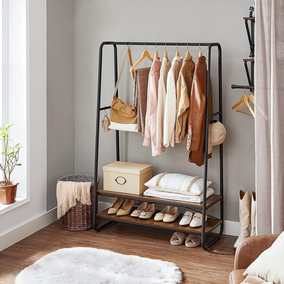 Industrial Brown & Black Clothes Rack with Shelves | FredCo
